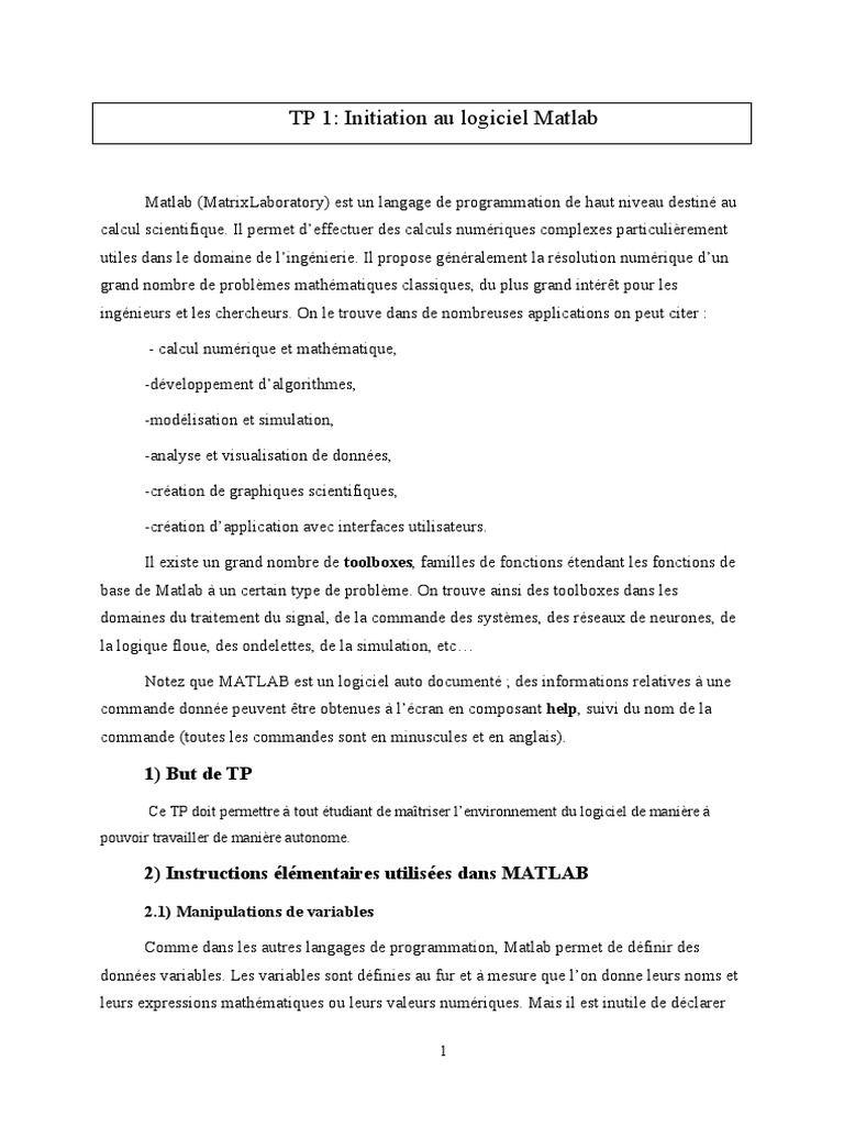 TP 1 - Initiation Au Logiciel Matlab | PDF | MATLAB | Langage de programmation