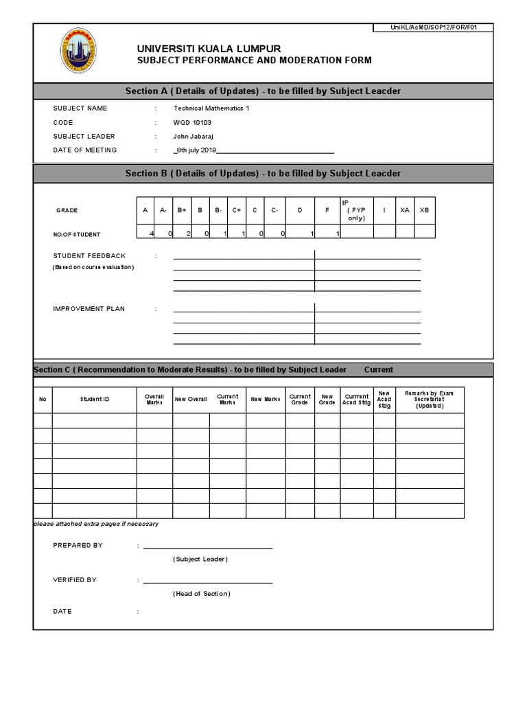 Universiti Kuala Lumpur: Subject Performance and Moderation Form | PDF ...