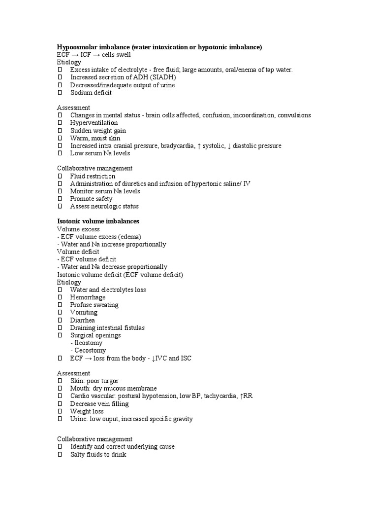 Hypoosmolar Imbalance and Isotonic Volume Imbalance | PDF
