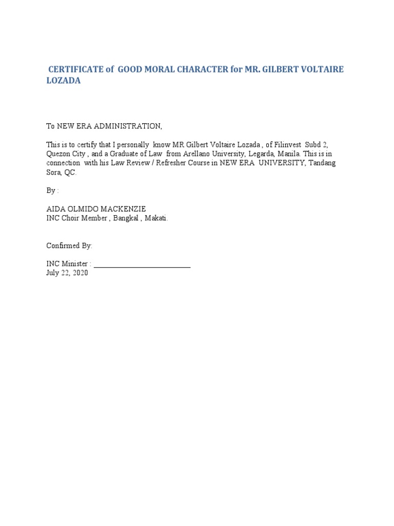 CERTIFICATE of GOOD MORAL CHARACTER For MR | PDF