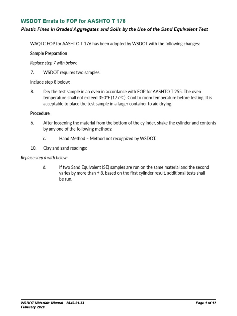 WSDOT Errata To FOP For AASHTO T 176: Plastic Fines in Graded ...
