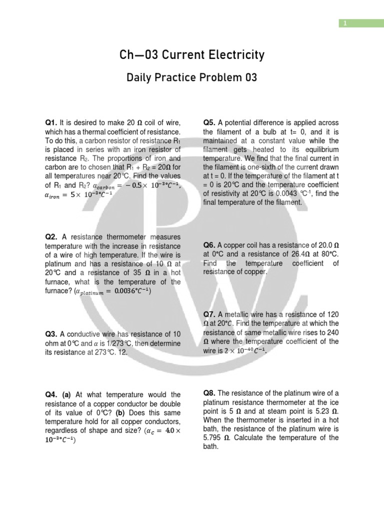 Ch-03 Current Electricity: Daily Practice Problem 03 | PDF | Electrical ...
