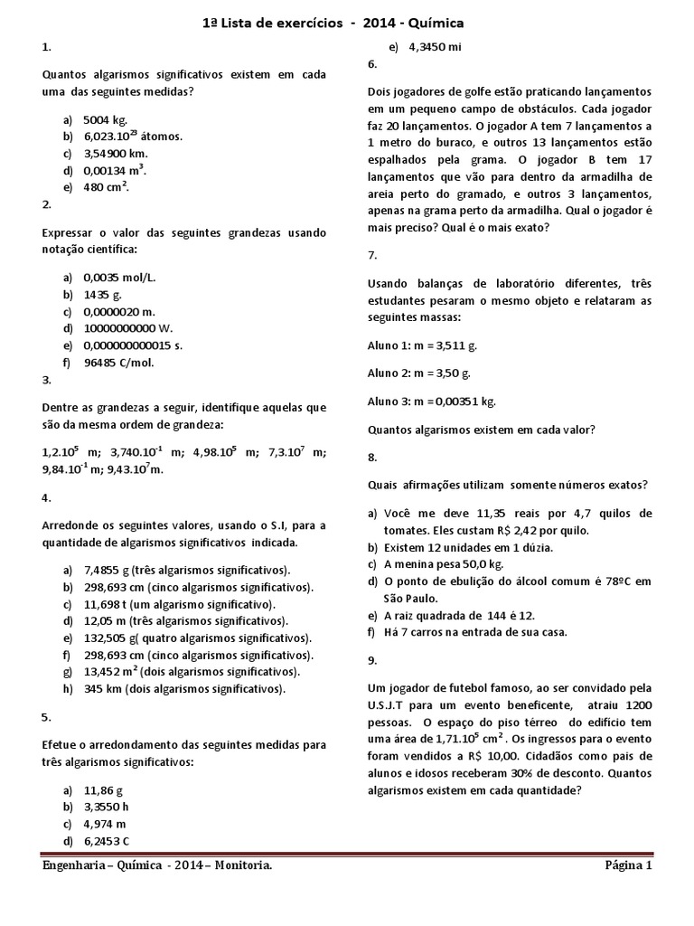 1 Lista Exercicios Quimica 2014 Monitoria PDF | PDF | Mol (unidade) | Física