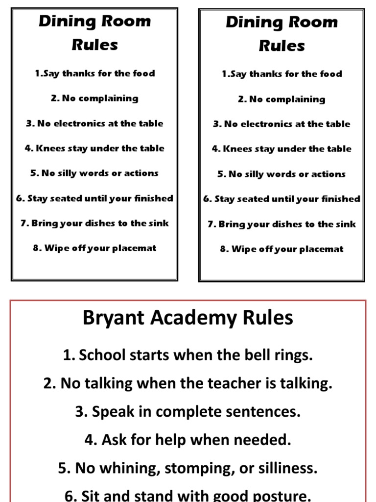 Dining Room and School Behavior Rules | PDF | Cooking, Food & Wine