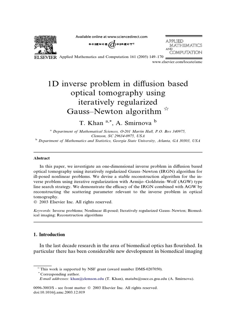 1D Inverse Problem in Diffusion Based Optical Tomography Using Iteratively Regularized Gauss ...