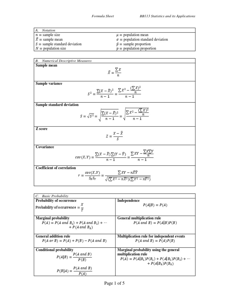 BB113 Formula Sheet | PDF | Probability Distribution | Errors And Residuals