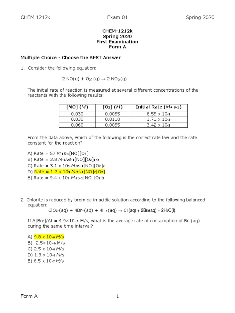 CHEM 1212 202002 Exam 1 Form A Key | PDF | Chemical Equilibrium ...