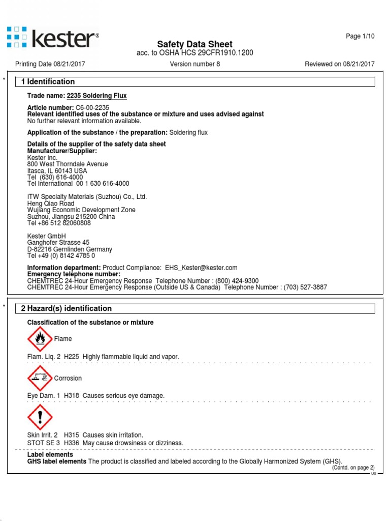 Kester 2235 Soldering Flux SDS | PDF | Dangerous Goods | Prevention