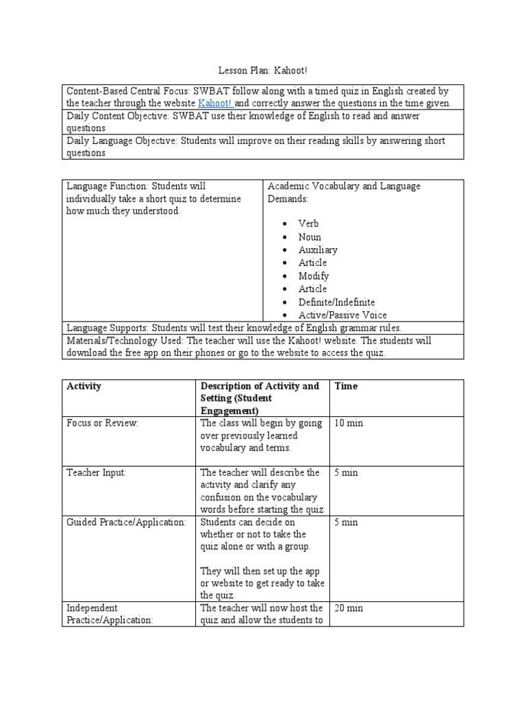 Kahoot Lesson Plan | PDF | Educational Assessment | Question
