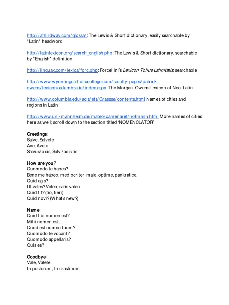 Conversational Latin Notes (Basic) | PDF