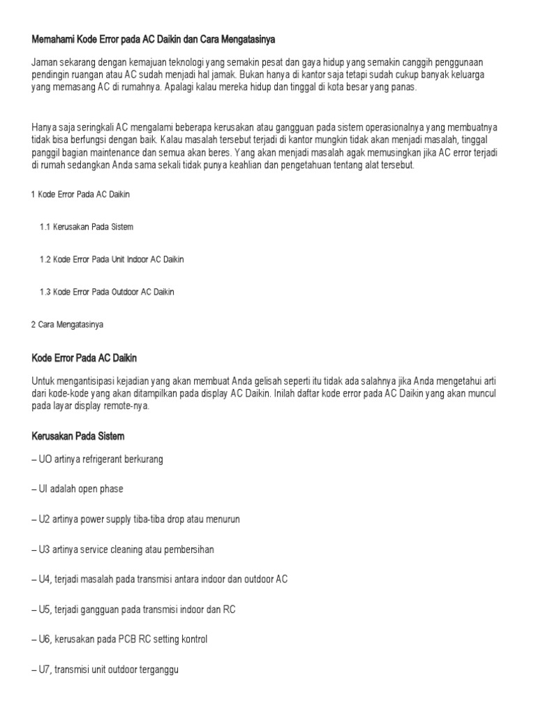 Memahami Kode Error Pada AC Daikin Dan Cara Mengatasinya | PDF