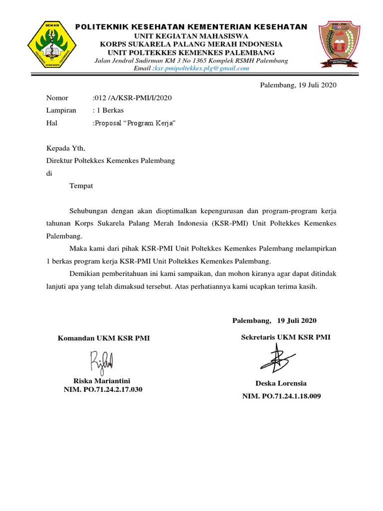 Surat Pengantar Proposal Kegiatan UKM KSR-PMI 2020 | PDF