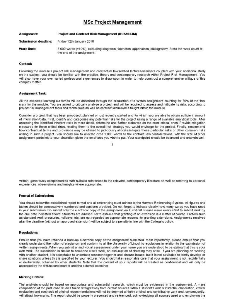 MSC Project Management: Assignment: Project and Contract Risk ...