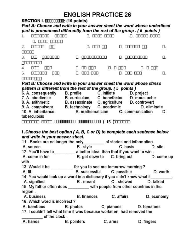 English Practice 26: SECTION I. PPPPPPPPP: (10 Points) | PDF | Albert ...