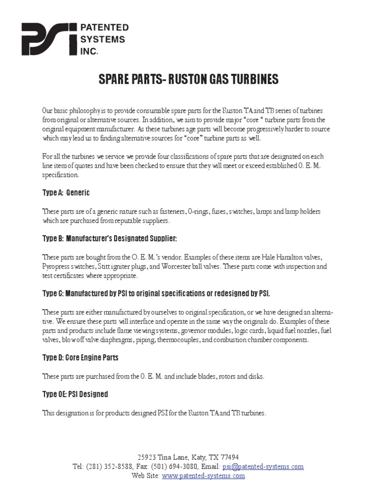 Spare Parts-Ruston Gas Turbines | PDF