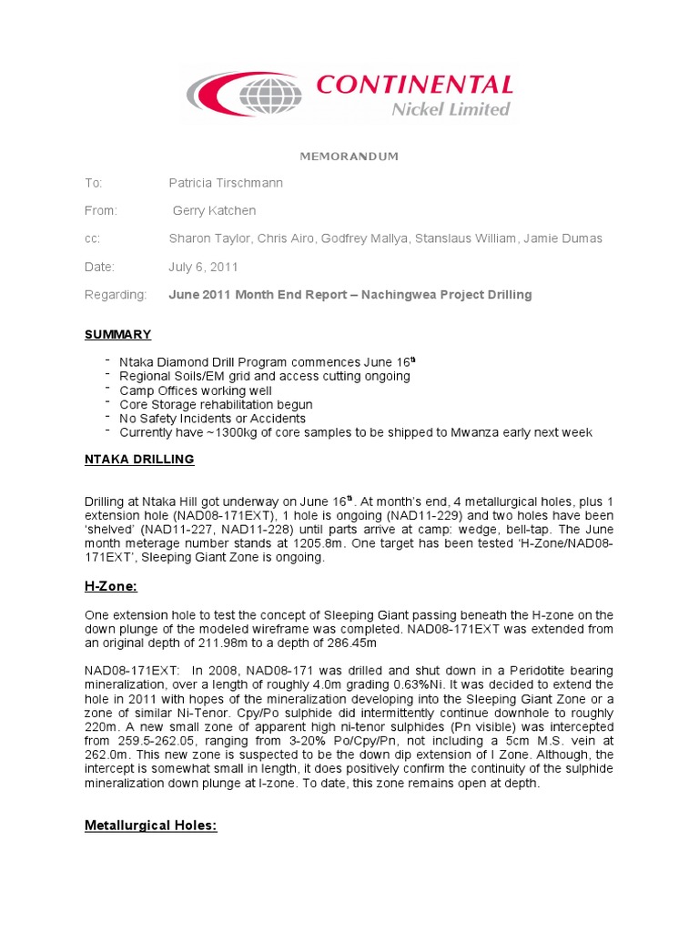 6 - CNI Month End Nachingwea Report June Drilling 2011 | PDF | Materials | Nature