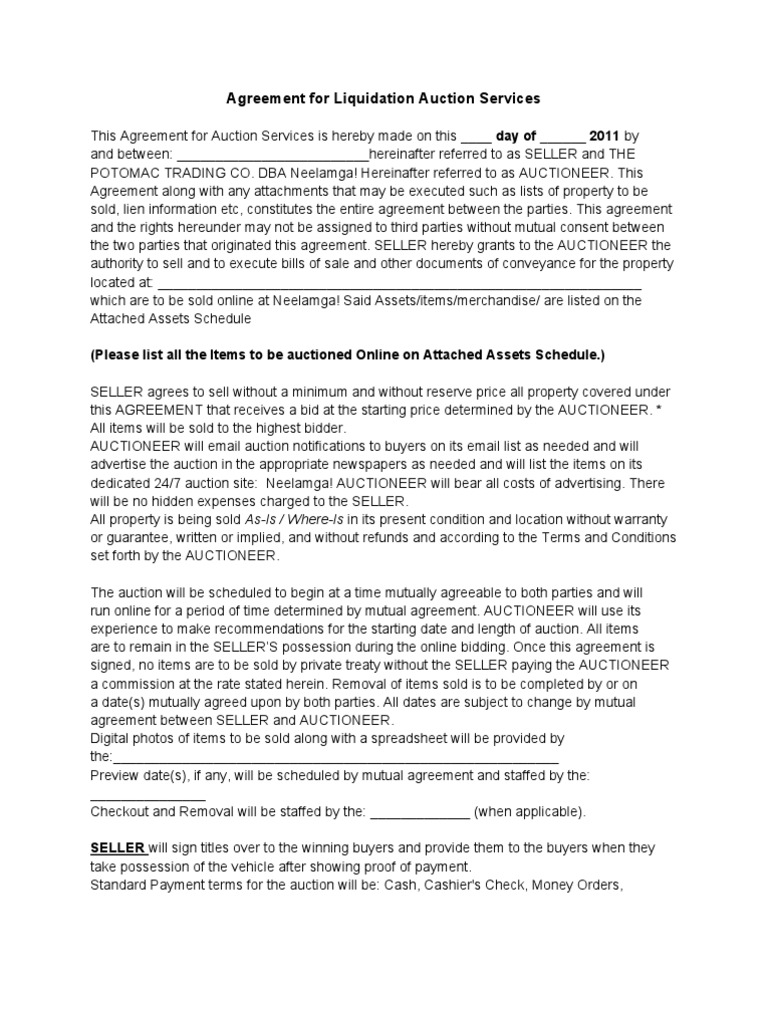 Agreement For Liquidation Auction Services | PDF | Auction | Payments