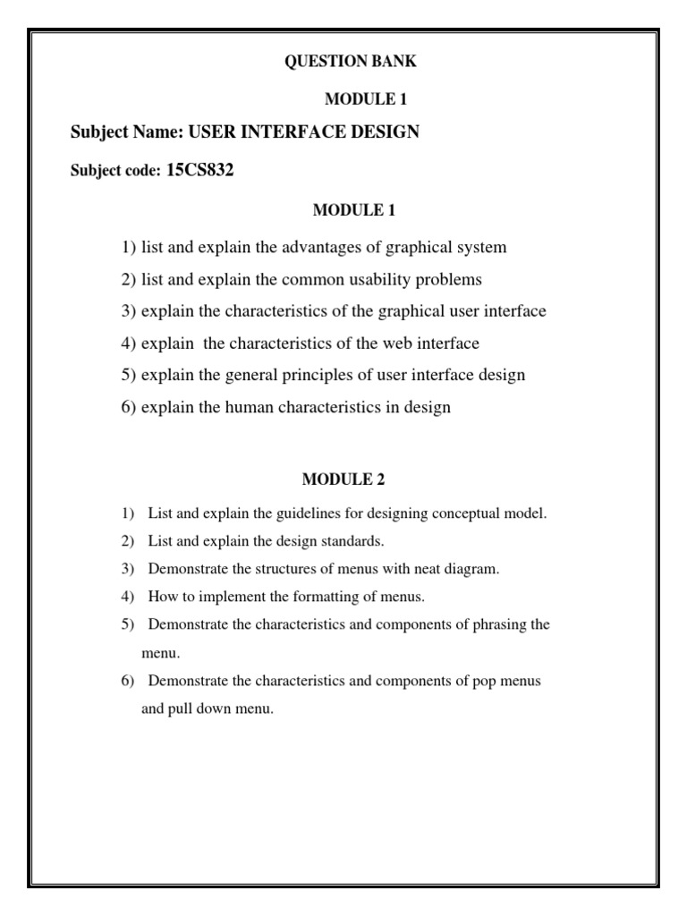 Subject Name: User Interface Design 15CS832: Question Bank | PDF
