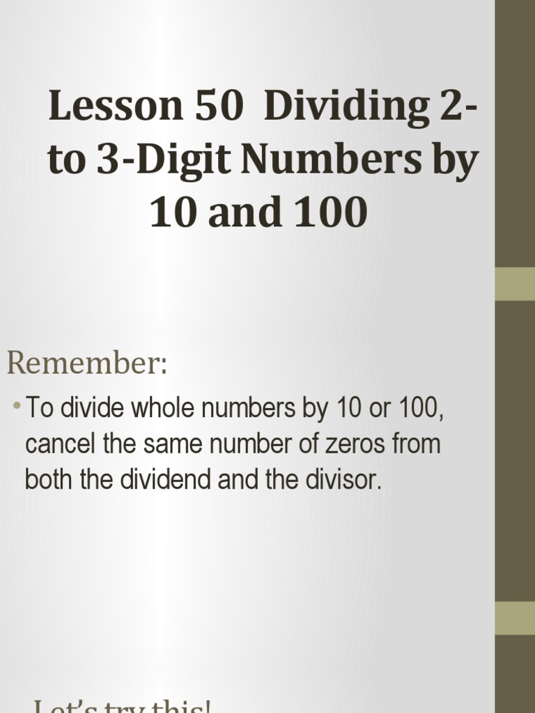 Dividing 2-3 Digit Numbers by 10 and 100 | PDF