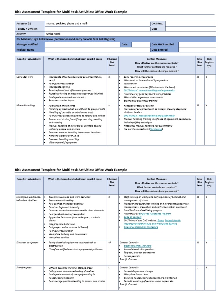 Risk Assessment Template For Multi-Task Activities: Office Work Example ...
