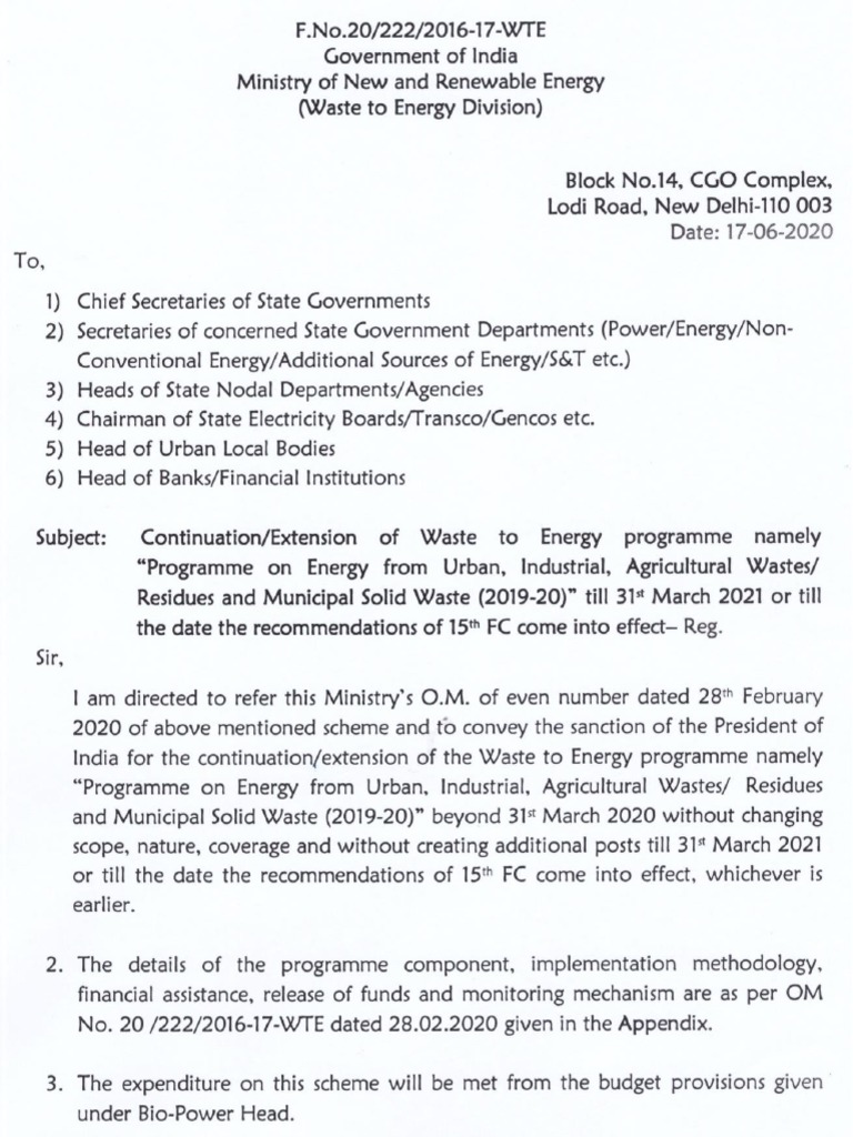 WtE Power Projects Programme Extended-MNRE PDF | PDF