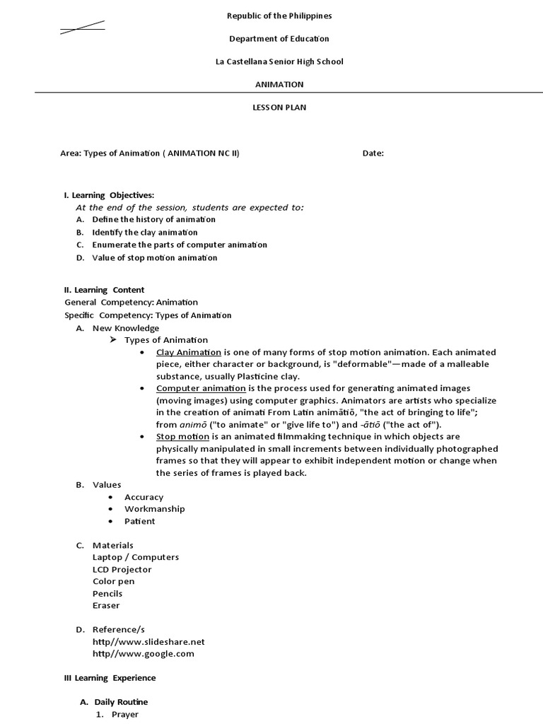 Lesson Plan For Types of Animation | PDF | Animation | Computer Animation