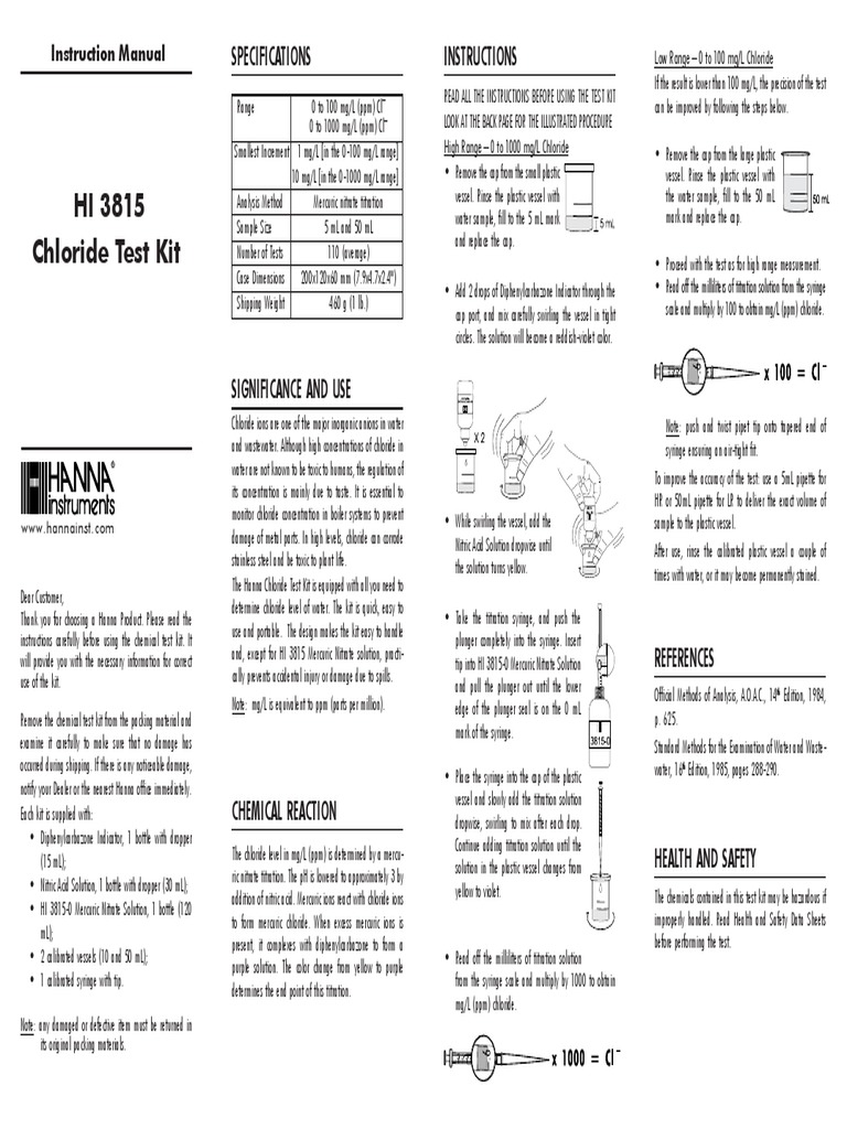 Instruction manual for Hanna chloride test kit | PDF | Titration ...