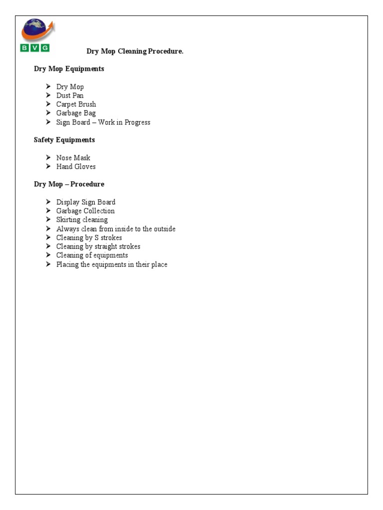 Dry Mop Cleaning Procedure. Dry Mop Equipments | PDF