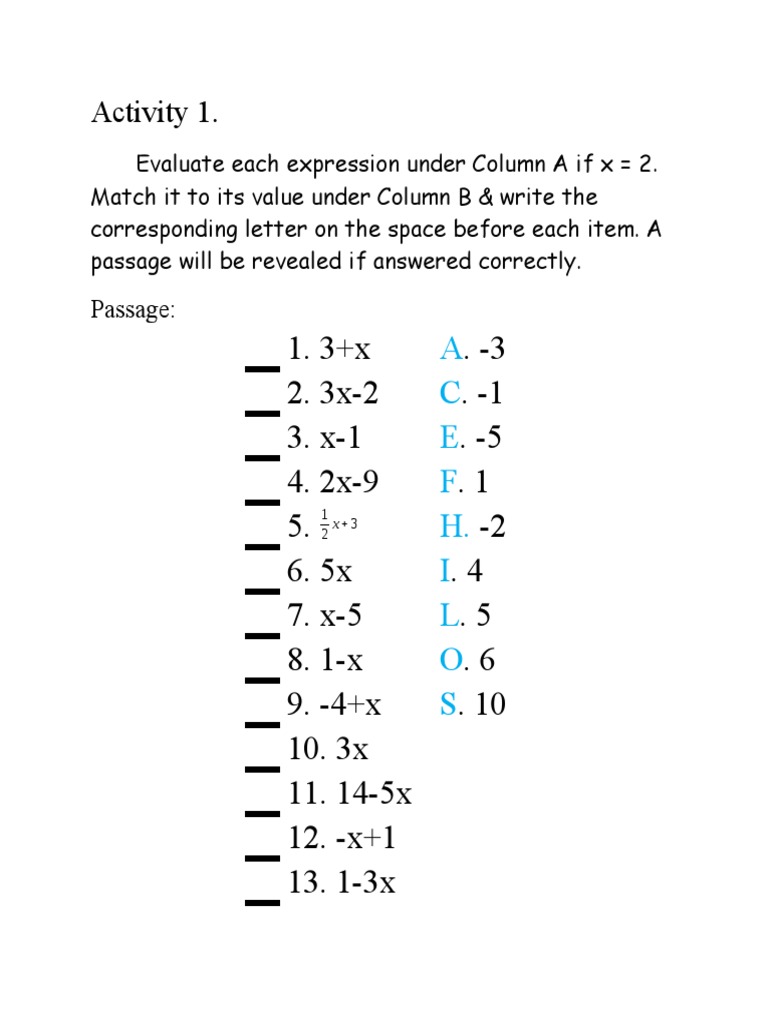 Evaluate math expressions if x=2 worksheet | PDF