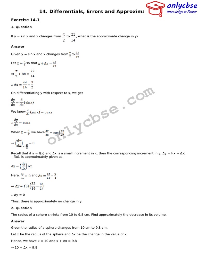 Differentials, Errors and Approximations: Exercise 14.1 | PDF | Volume | Sphere