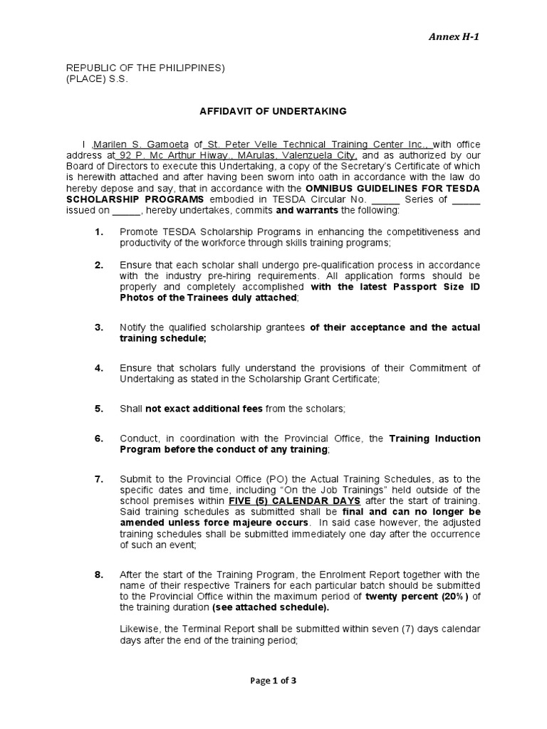 Annex H1 Affidavit of Undertaking Revised | PDF | Regulatory Compliance | Audit