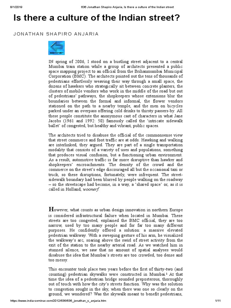 Jonathan Shapiro Anjaria, Is There A Culture of The Indian Street | PDF | Street | Modernity