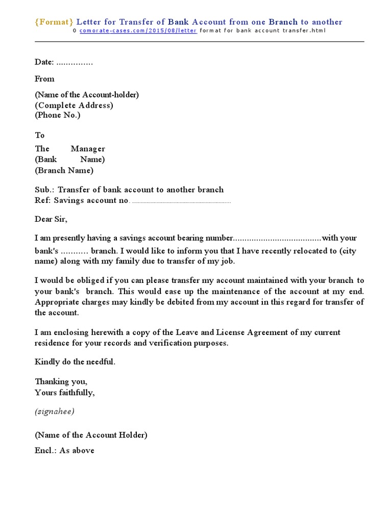 Sample Letter To Transfer Bank Account From One Branch To Another | PDF ...