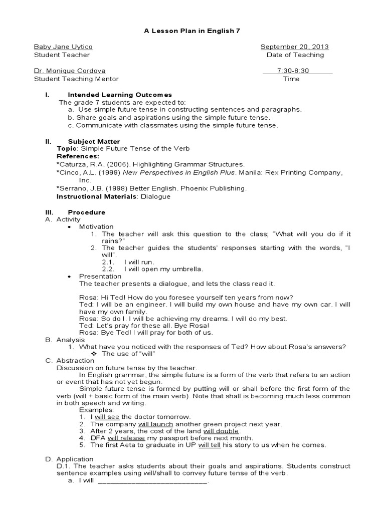 Future Tense Lesson Plan | PDF | Verb | Teachers