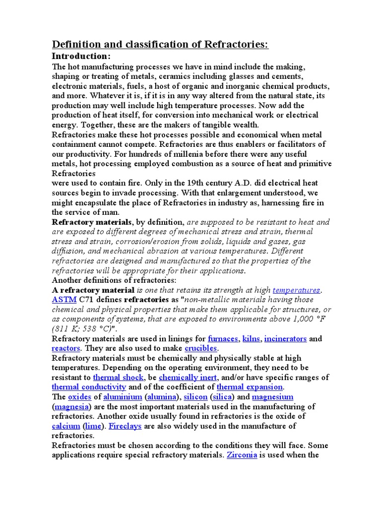 Definition and Classification of Refractories | PDF | Refractory ...