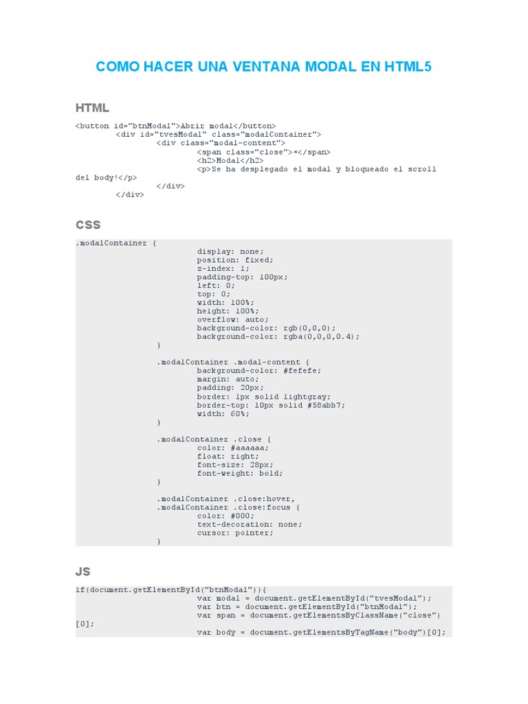 Como Hacer Una Ventana Modal en HTML5 | PDF | Estándares web | HTML Como Hacer Una Ventana Modal en HTML5 | PDF | Estándares web | HTML