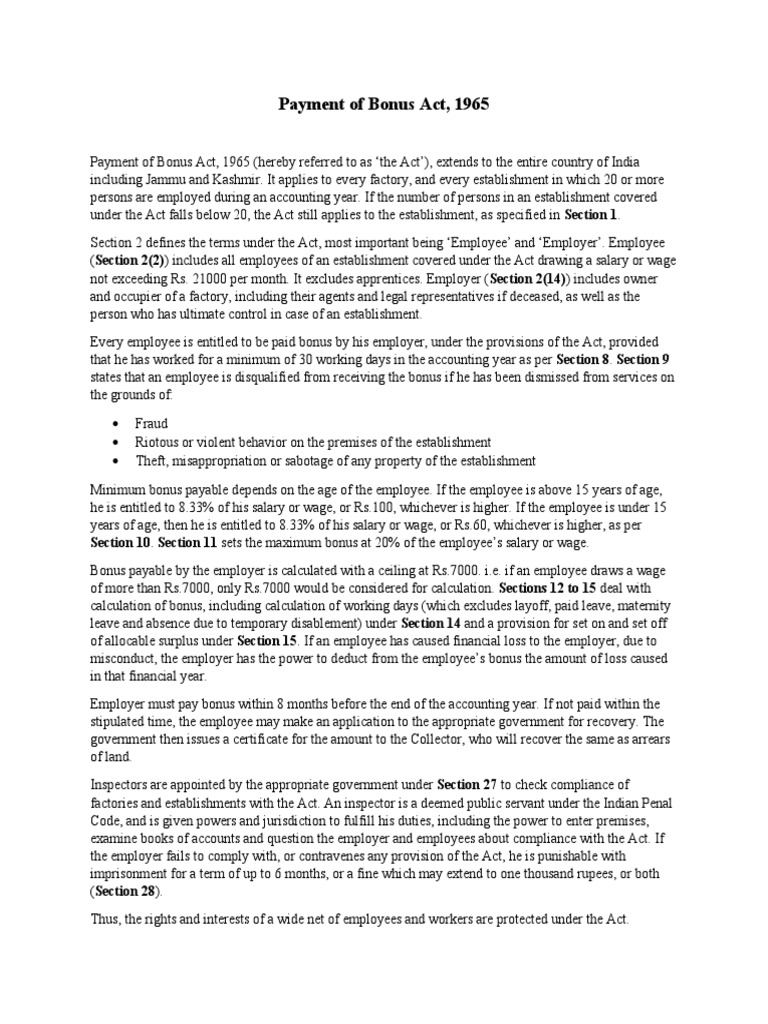 Payment of Bonus Act, 1965 Summary | PDF | Employment | Salary