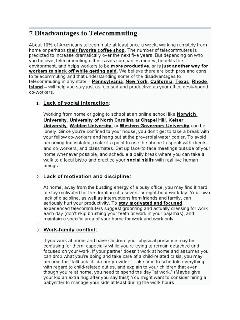 Telecommuting Disadvantages Guide | PDF | Telecommuting | Business
