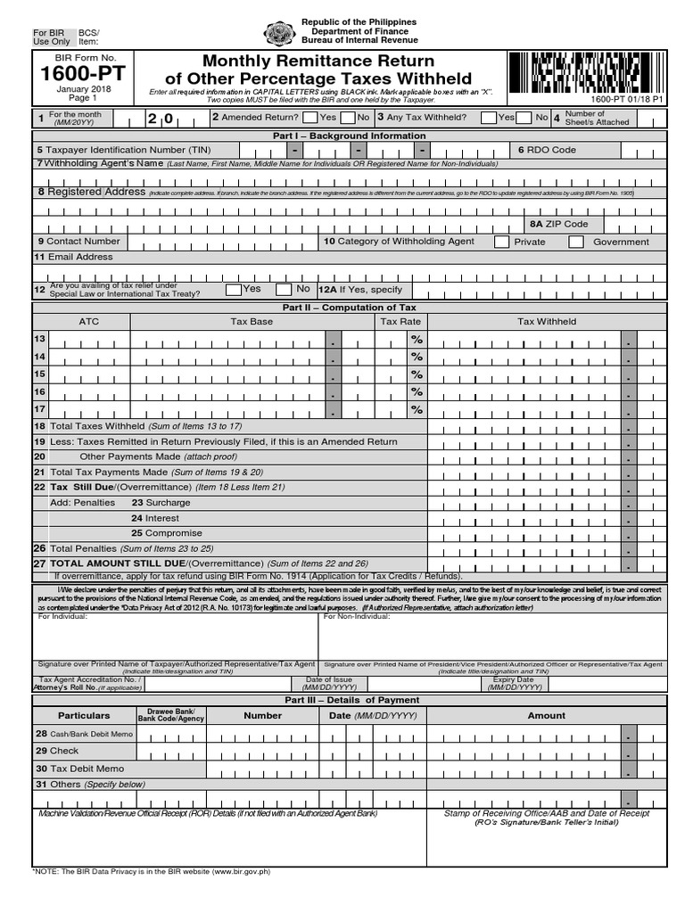 1600-PT January 2018 ENCS Final | PDF | Withholding Tax | Corporate Tax