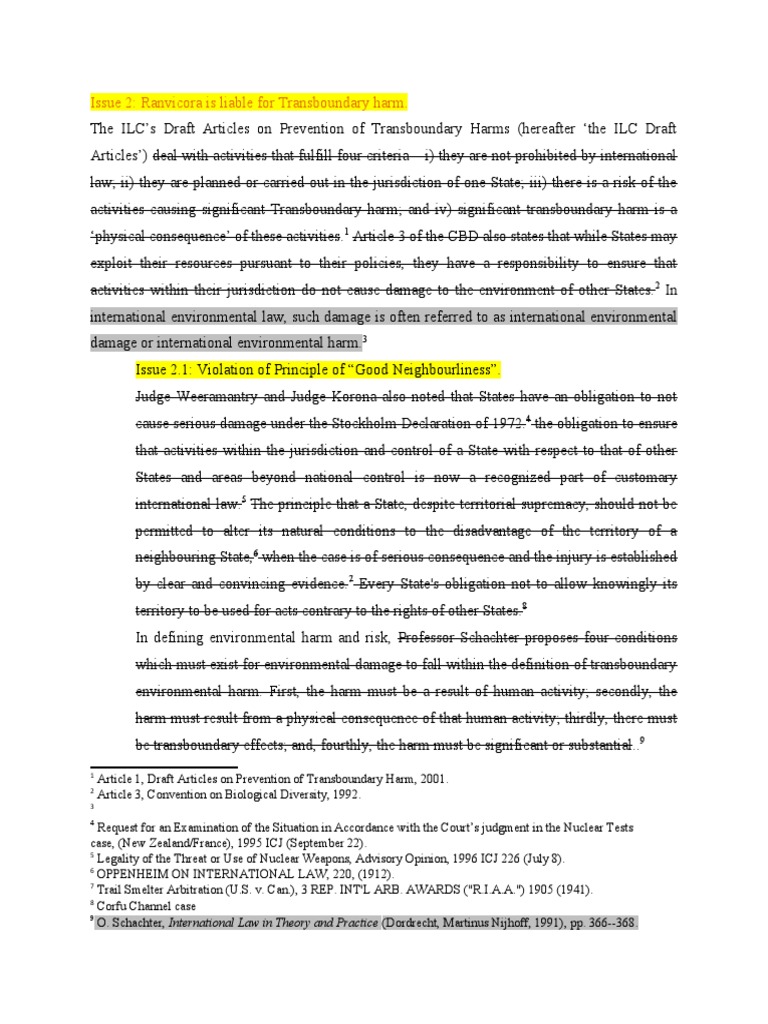 Issue 2: Ranvicora Is Liable For Transboundary Harm | PDF ...