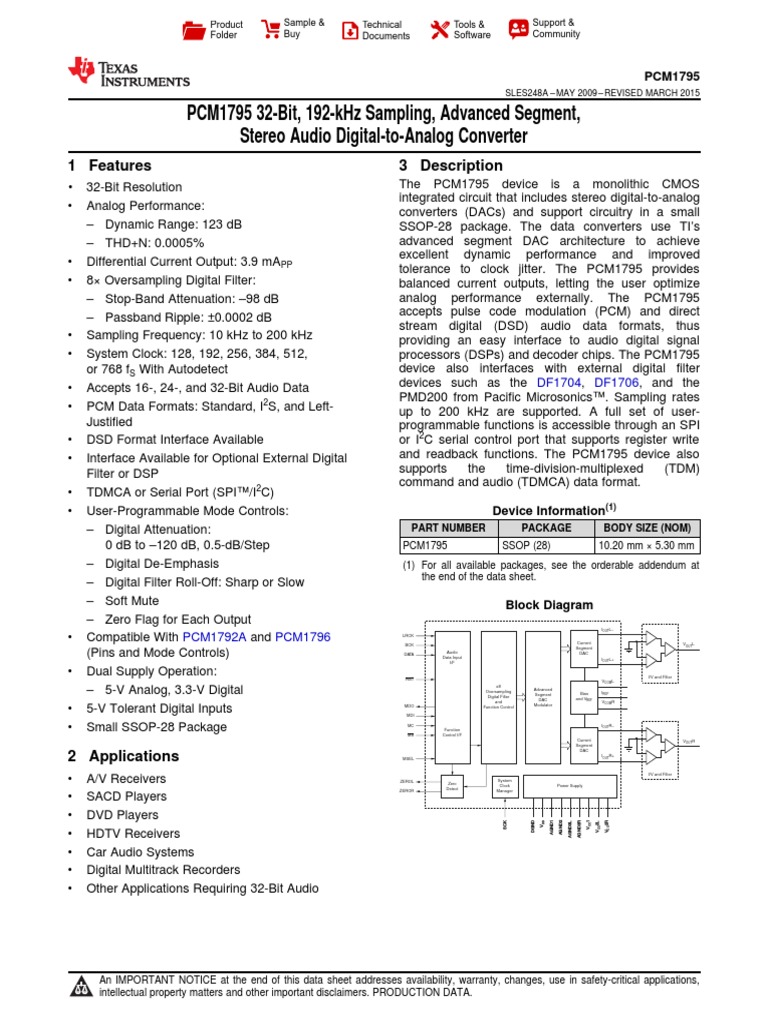 Pcm1795 32-Bit, 192-Khz Sampling, Advanced Segment, Stereo Audio ...