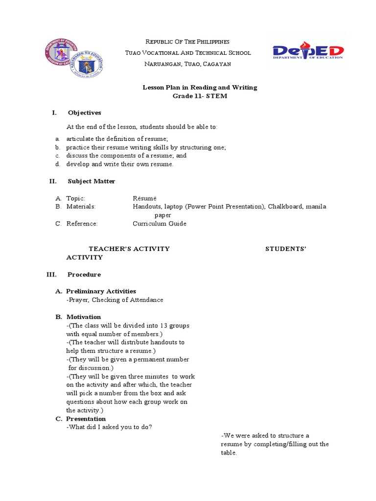 Lesson Plan In Reading And Writing Grade 11 STEM I Objectives PDF