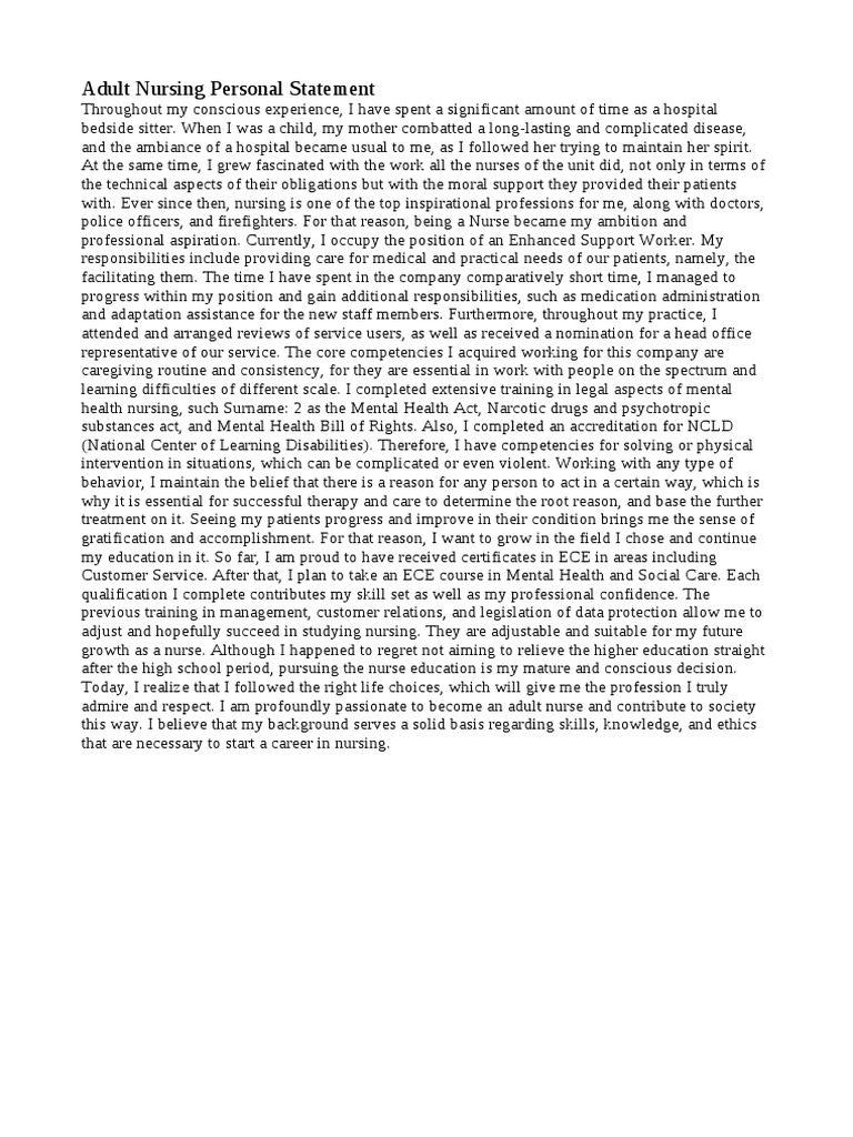 Adult Nursing Personal Statement | PDF | Nursing | Mental Health