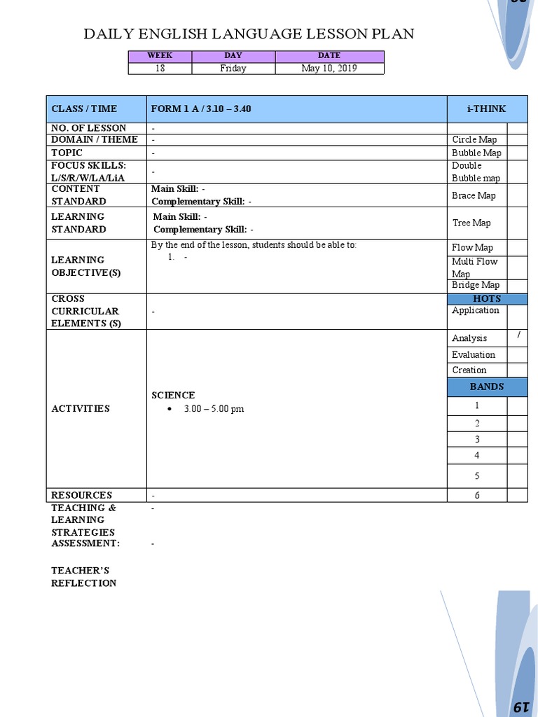 Daily English Language Lesson Plan: Week DAY Date | PDF | Lesson Plan ...