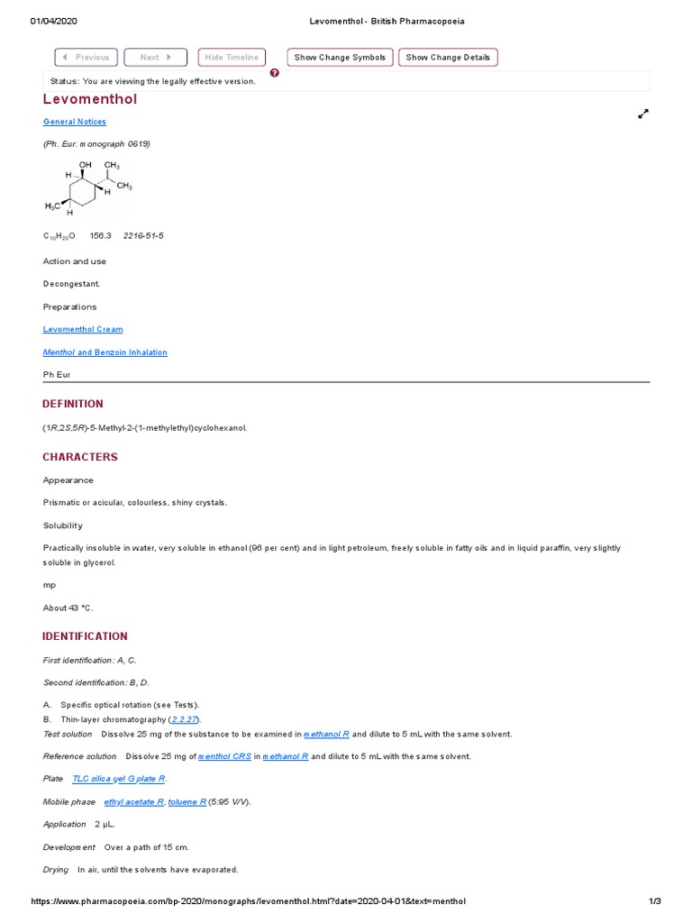 Levomenthol - British Pharmacopoeia | PDF | Solubility | Chromatography