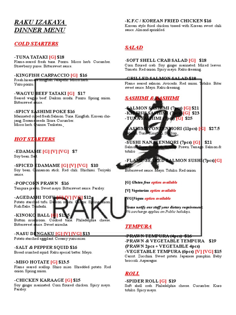 Raku Izakaya Dinner Menu: Cold Starters Salad | PDF | Sushi | Foods