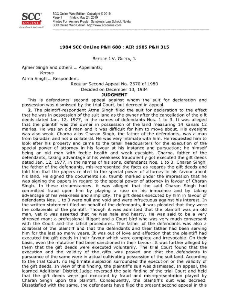Ajmer Singh vs. Atma Singh, AIR 1985 PH 315 | PDF | Business | Finance & Money Management