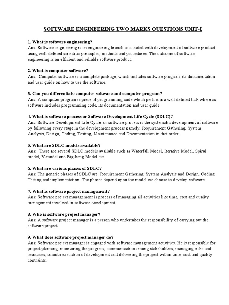 Software Engineering Two Marks Questions Unit-I | PDF | Software ...