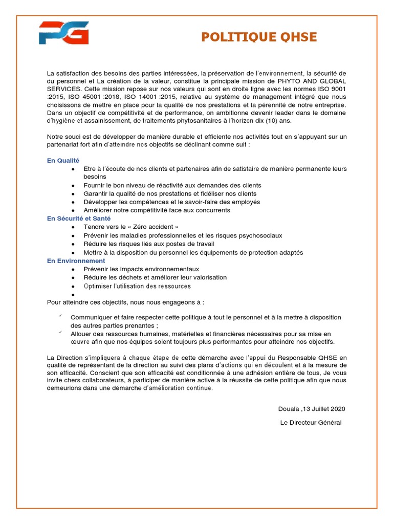 Politique QHSE de PHYTO AND GLOBAL SERVICES | PDF | Environnement ...