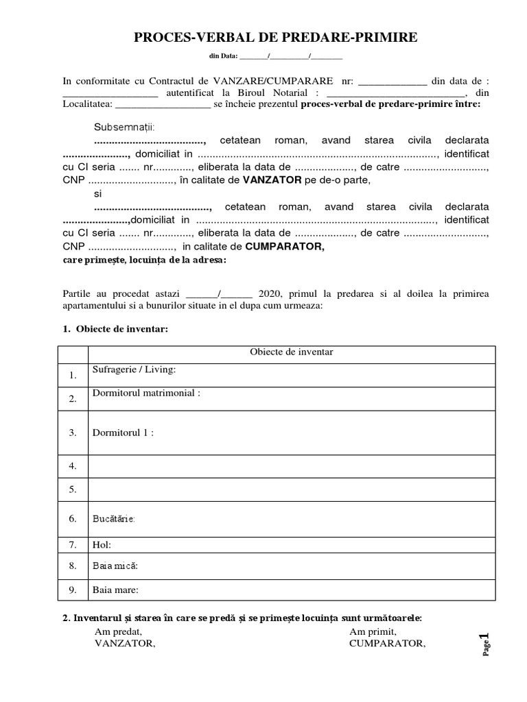1 Proces-Verbal-De-Predare-Primire-Apartament 2020 PDF | PDF